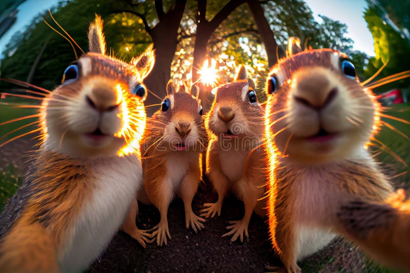 A Flock of Squirrels Look at the Camera and Take a Selfie in Nature. AI ...