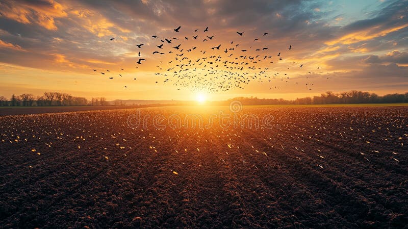 A Flock of Swallows Flying Over a Freshly Tilled Spring Field at Stock ...