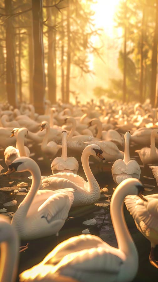 A Flock of Swans Floating on Top of a Body of Water Stock Photo - Image ...