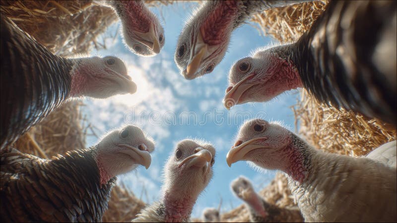 Flock of Turkeys Gathered Under Sunny Sky in Straw Enclosure Viewed ...