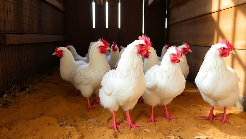 A Flock of White Chickens Standing Together Indoors on Sandy Ground ...