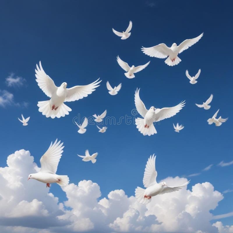 A Flock of White Doves Flying Against a Blue Sky with Clouds Stock ...