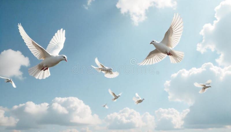 A Flock of White Doves Flying Against a Clear Blue Sky with Fluffy ...