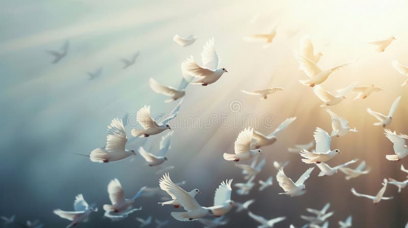 A Flock of White Doves is Flying in the Sky Towards the Light Stock ...