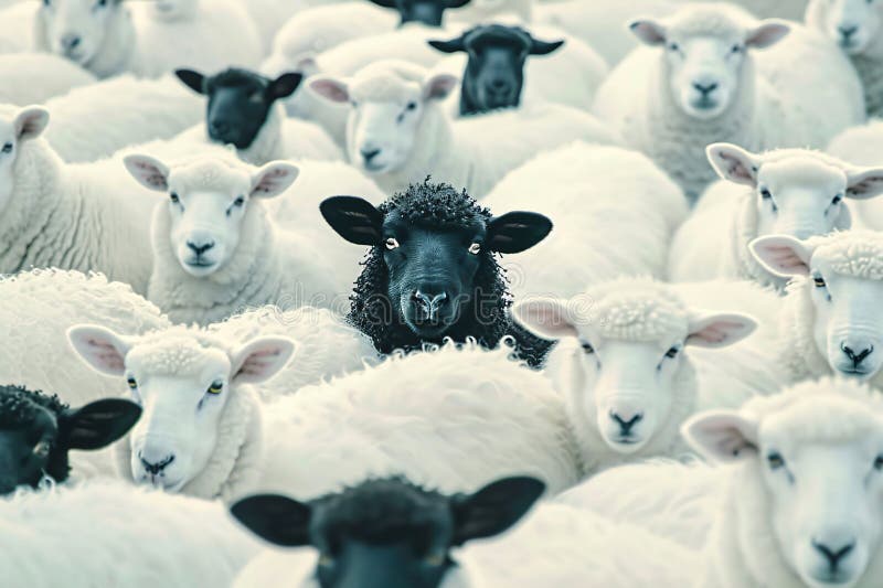 Flock of White Sheeps with One Black Sheep Stock Illustration - Illustration of flock, crowd ...