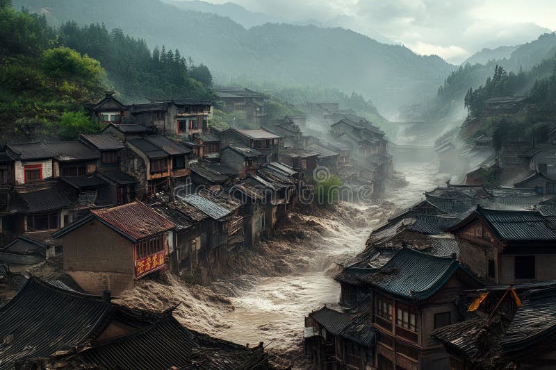 Flood Aftermath in Mountain Village with Devastation. Artificial ...