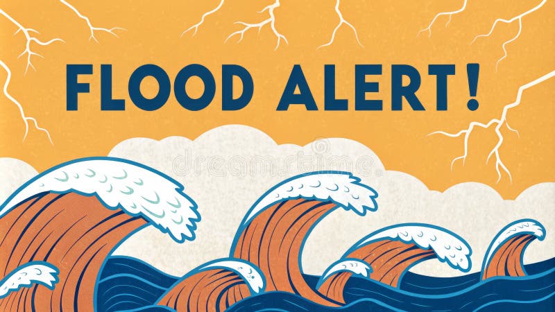 Flood Alert! Flat Design Orange Sky, Crashing Waves Stock Illustration ...