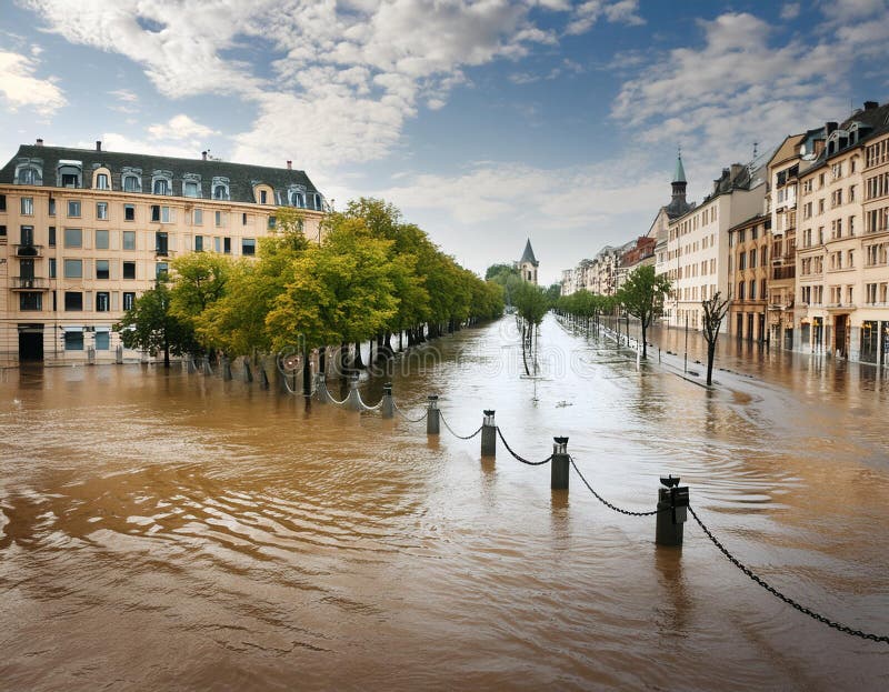 Flood in a city stock illustration. Illustration of climate - 323459628