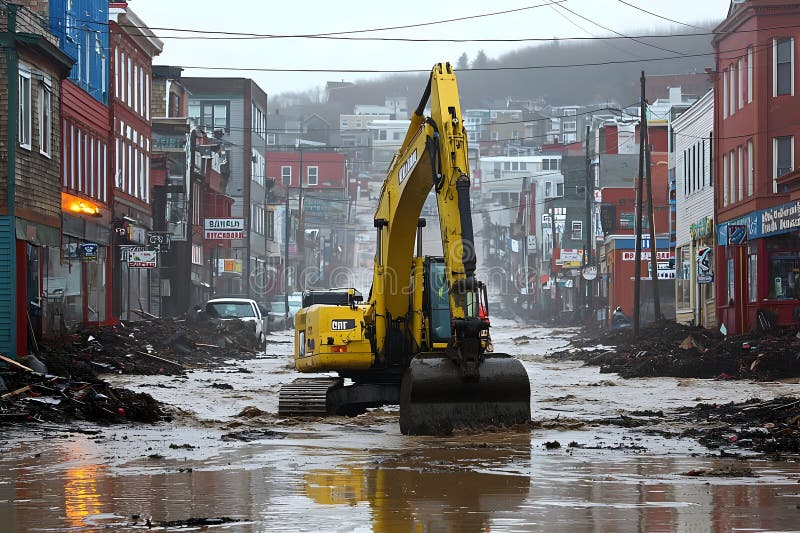 Flood Devastation: Excavator in a Mud-Filled Street after a Natural ...