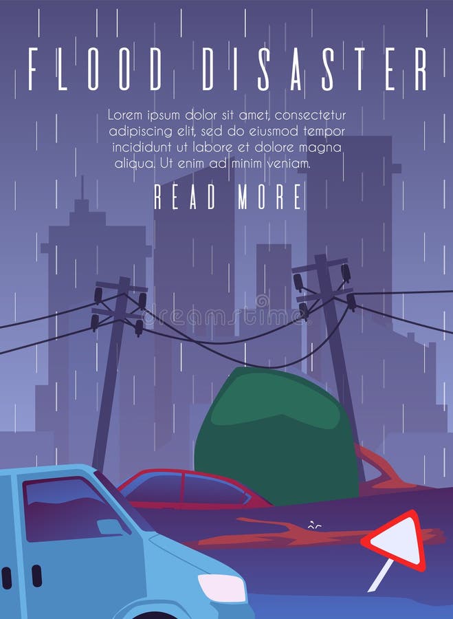 Flood Disaster Banner with the Consequences of Flood or Typhoon, Flat ...