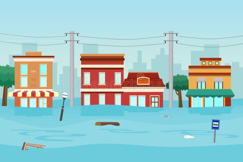 Flood Disaster in Town. Flooded Buildings Stock Vector - Illustration ...