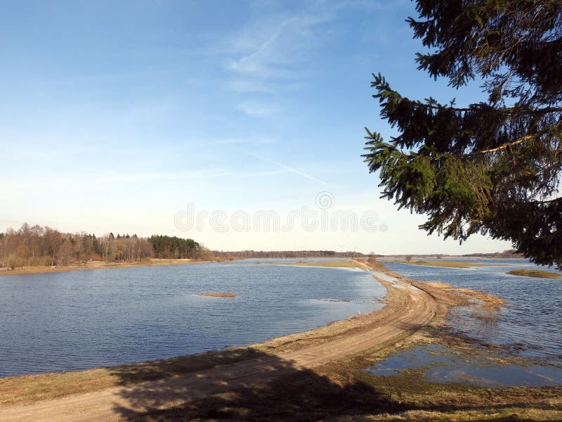 Flood in Field and Water on Road, Lithuania Stock Photo - Image of ...