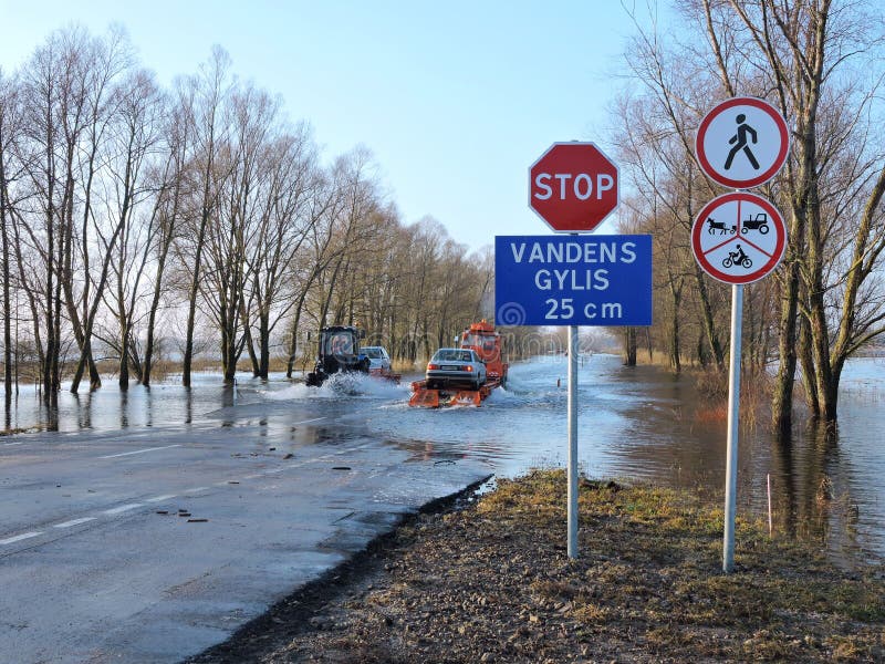 Flood in Lithuania editorial photography. Image of sign - 49095987