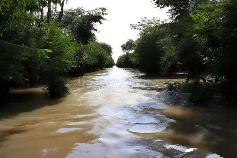 Flood an Overflow of Water that Submerges Land and Causes Damage Stock ...