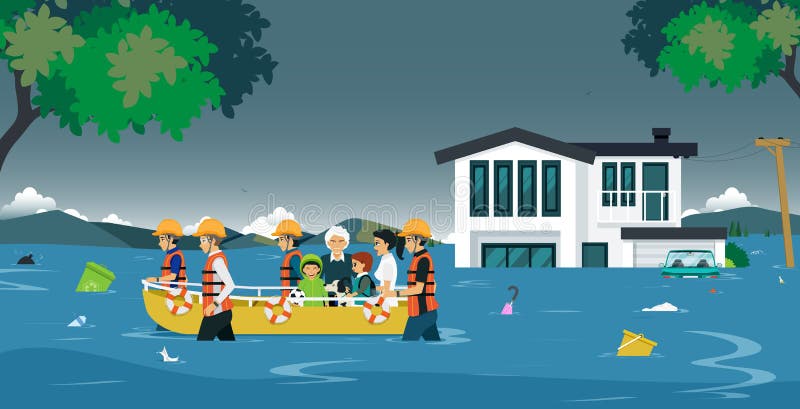 Flood rescue stock vector. Illustration of young, rain - 124504189