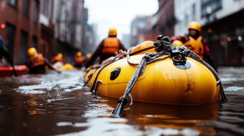 Flood Rescue Workers Navigate Rising Waters in a Bright Yellow Raft ...
