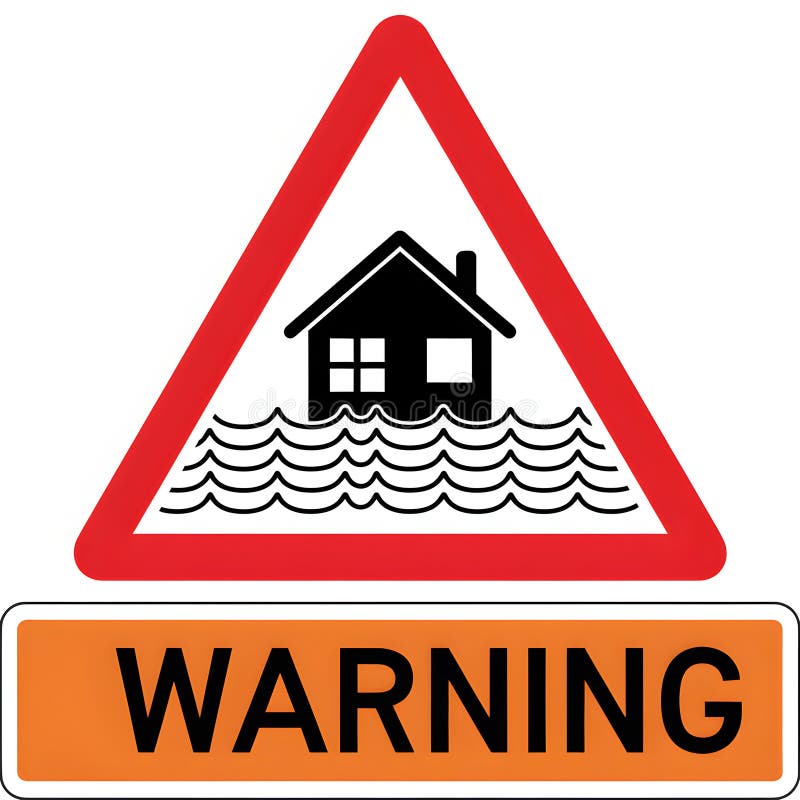 Flood Warning Sign with Submerged House Graphic in Red-bordered ...
