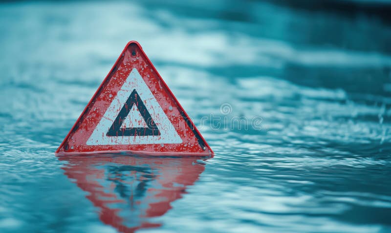 Flood Warning Sign Submerged in Water, Indicating Hazardous Conditions ...