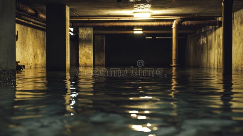 Flooded Basement with Reflections and Dim Lighting in an Industrial Setting Stock Image - Image ...