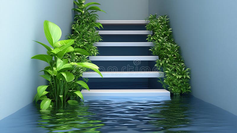 Flooded Basement Stairs with Plants, Water Damage Stock Photo - Image ...