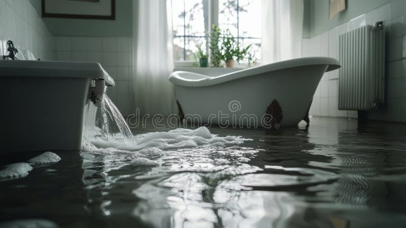 Flooded Bathroom with Overflowing Bathtub. Water Damage Concept Stock ...