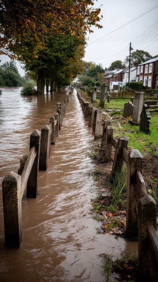 Flooded Cemetery Path with Tombstones and Trees Lining Water Stock ...