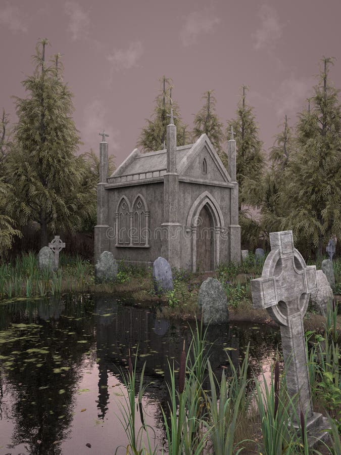 A Flooded Cemetery with Trees, Tombs, and Crosses. Stock Illustration ...