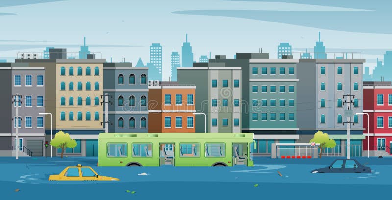 Flooded the city. stock vector. Illustration of concept - 254329046