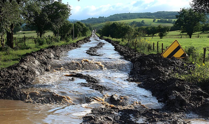 Flooded Country Road stock illustration. Illustration of stream - 374719934