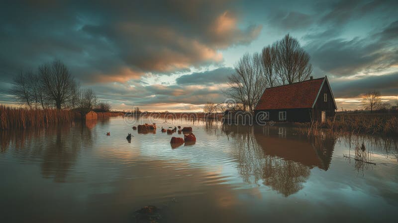 Flooded Countryside with Stranded Farm Animals at Dusk Stock Photo ...