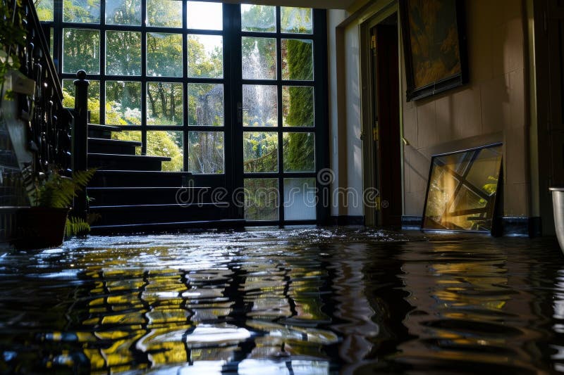 Flooded Entryway with Sunlight Reflecting on Water and Staircase ...