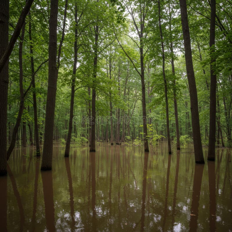 Flooded Forest with Lush Green Trees and Dark Water Stock Illustration ...