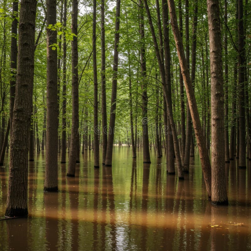 Flooded Forest with Tall Trees and Still Water Stock Illustration ...