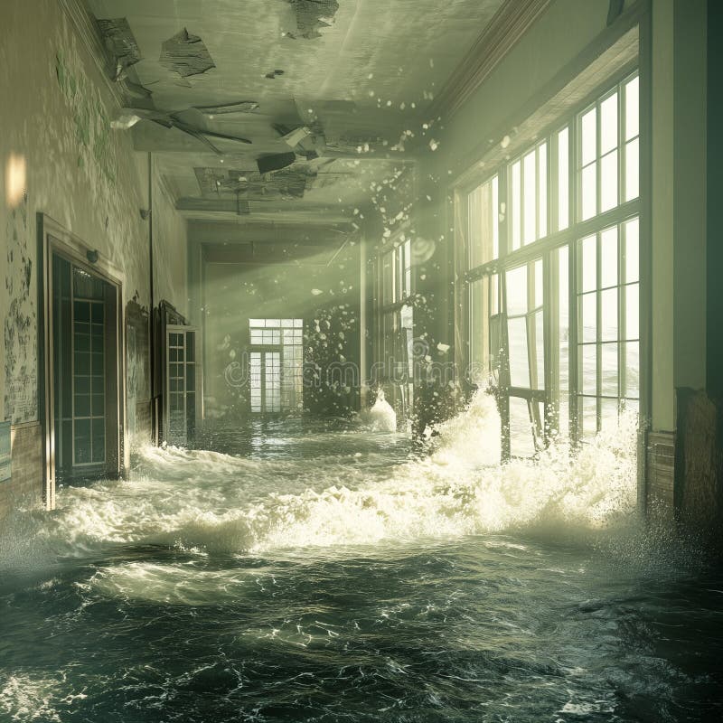 Flooded Hallway of an Abandoned Building with Sunlight Streaming Stock ...