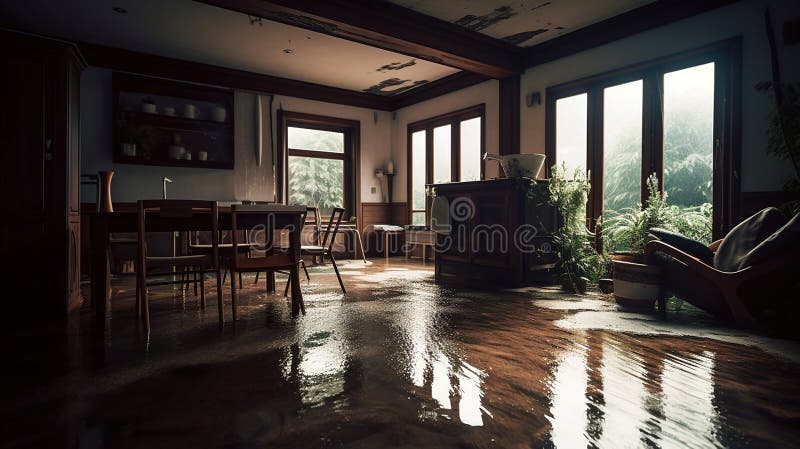 Flooded House Interior with a Wooden Floor. Generative Ai Stock ...