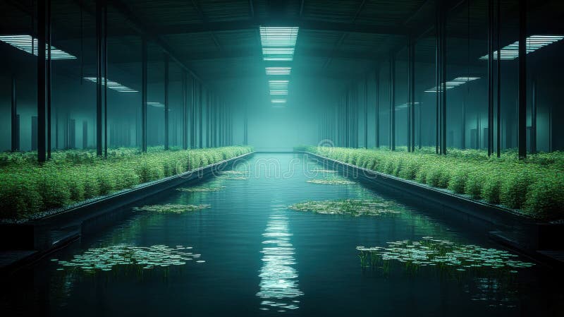 Flooded Indoor Greenhouse with Rows of Green Plants Under Dim Lighting ...