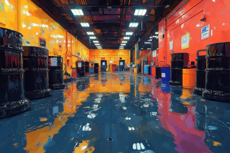 Flooded Industrial Warehouse with Colorful Reflections on the Water ...