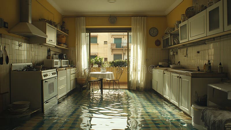 Flooded Italian Kitchen, Sunlit Balcony View, Water Damage Stock ...