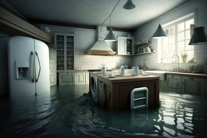 Flooded Kitchen Flooding in Modern Kitchen Design. Generative AI Stock ...