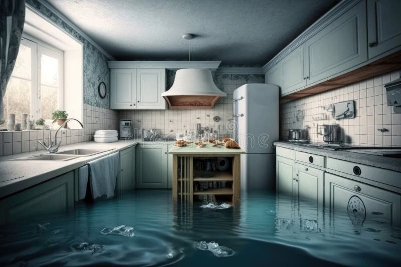 Flooded Kitchen Flooding in Modern Kitchen Design. Generative AI Stock ...