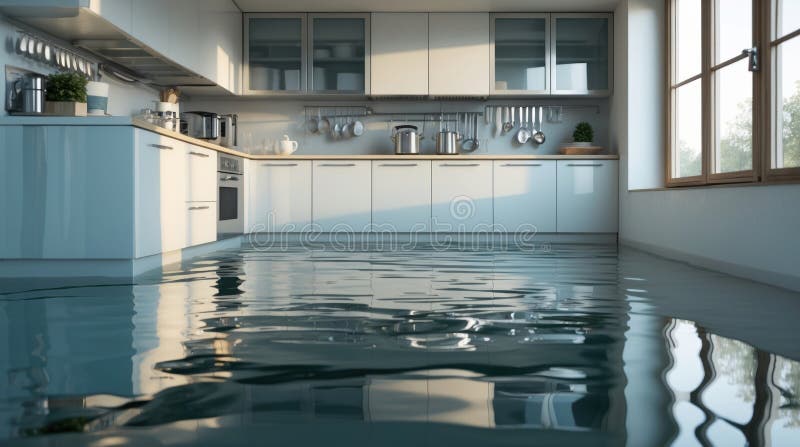 Flooded Kitchen Interior with Modern Design and Reflective Water ...