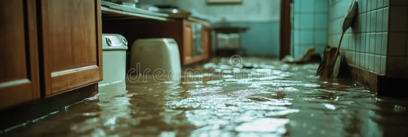 Flooded Kitchen Interior with Water Covering the Floor in a Modern Home ...