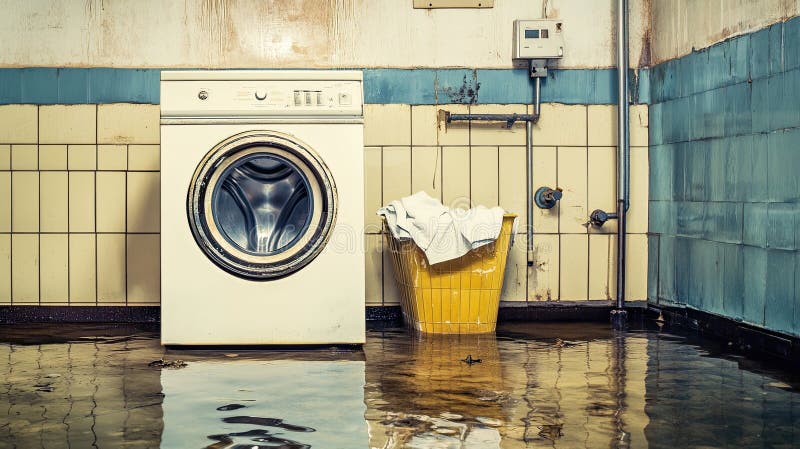 Flooded Laundry Room with Old Washing Machine Stock Illustration ...
