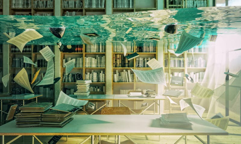 Flooded library 3d stock illustration. Illustration of room - 118145512