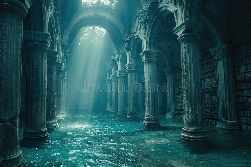 Submerged Ancient Library Hallway, Mysterious Flood Scene Stock ...