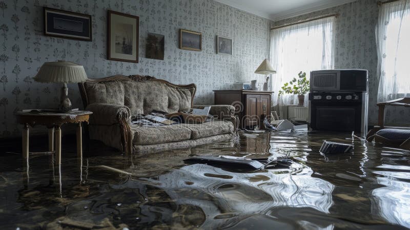 Flooded Living Room Interior Showing Water Damage Stock Illustration ...