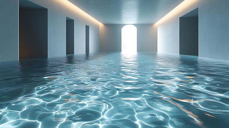 Flooded Minimalist Hallway, Bright Light, Serene Water, Architectural ...