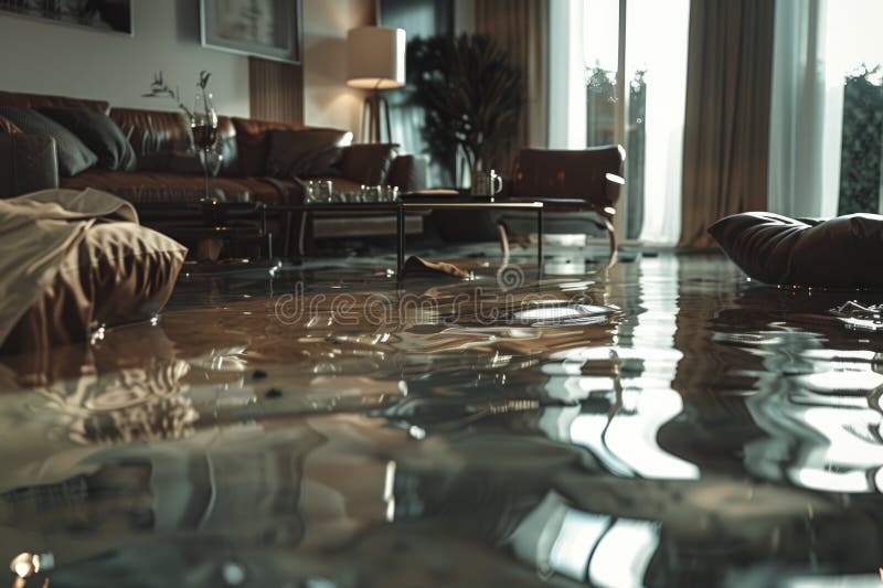 Flooded Modern Living Room Interior with Reflective Water Damage Stock ...