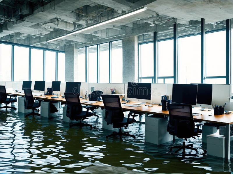 A Flooded Office with Several Desks and Chairs in the Middle of the ...