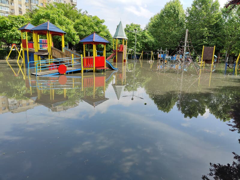 Flooded Playground in the Park Stock Photo - Image of weather, waterway ...